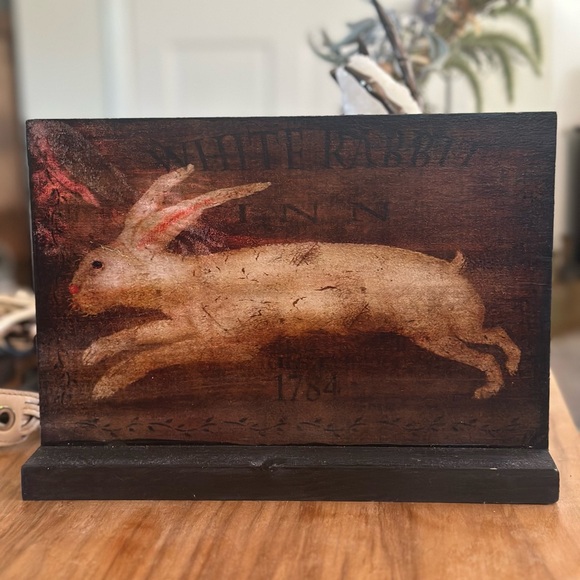 Accents | Vintage Style Rabbit Art On Wooden Block White Rabbit Inn ...